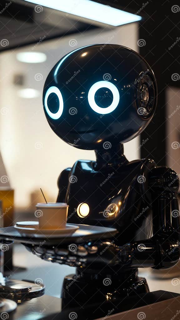 A Futuristic Robot Serves Coffee in a Modern Setting. Its Glowing Eyes ...