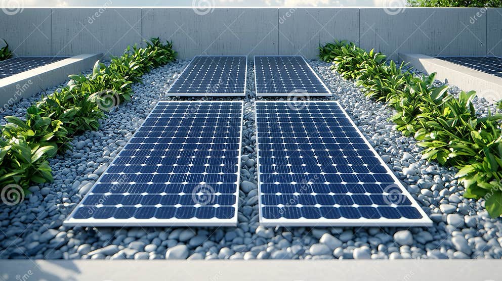 Solar Panels Installed on Rooftop with Greenery Stock Illustration ...