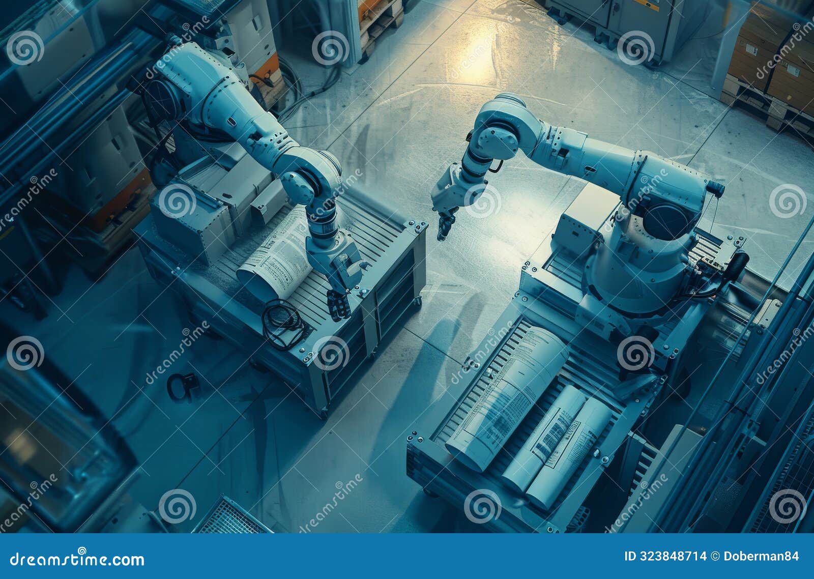 Aerial View of Robotic Arms in an Industrial Setting Conducting ...