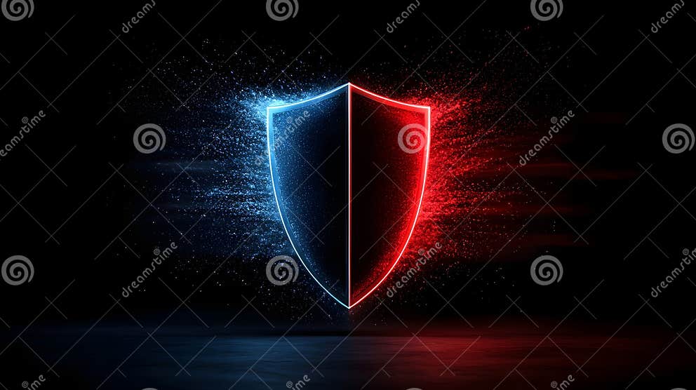 A Striking Neon Shield Splitting through Colorful Splashes of Blue and ...