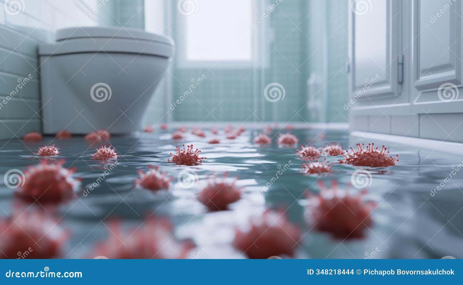 Germs Spreading on Wet Bathroom Floor with Water and Contamination ...