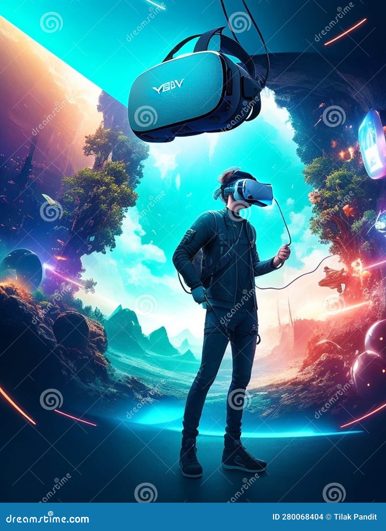 Image that Showcasing a Person Wearing a VR Headset, Surrounded by a ...