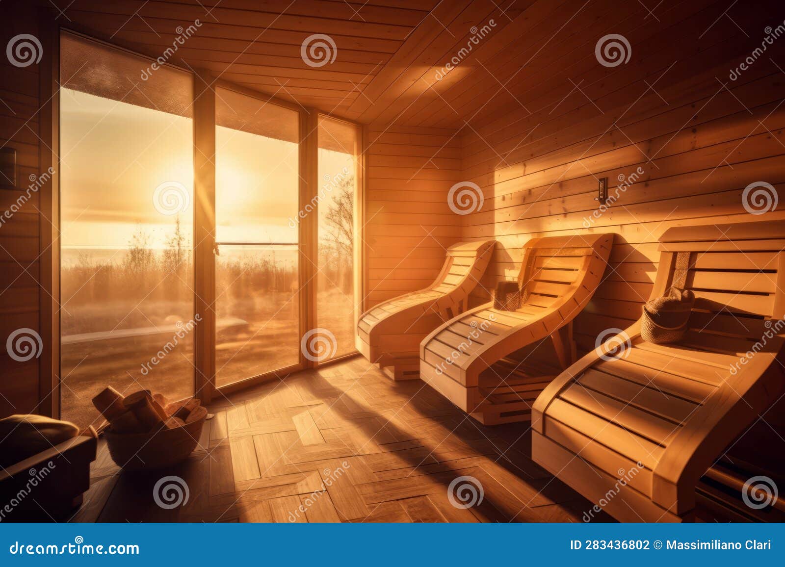 An Image Showcasing a Tranquil Sauna Room with Soft Lighting, Wooden ...