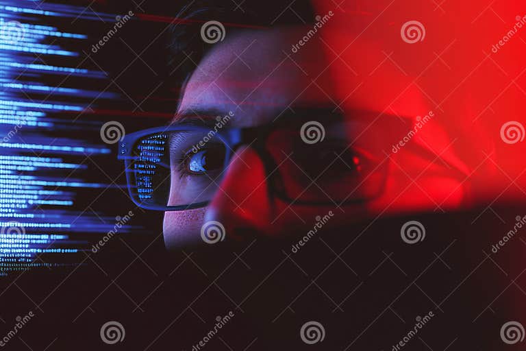 An Image Showing a Man in Glasses Looking at a Screen with Digital Code ...