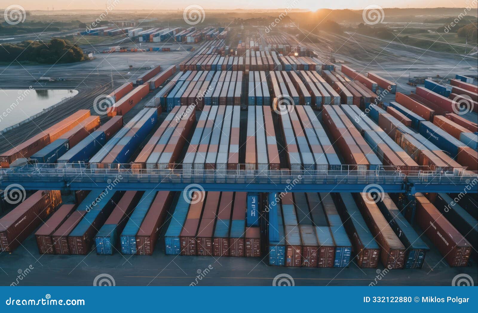 A Large Cargo Yard at Sunrise, Full of Stacked Shipping Containers ...