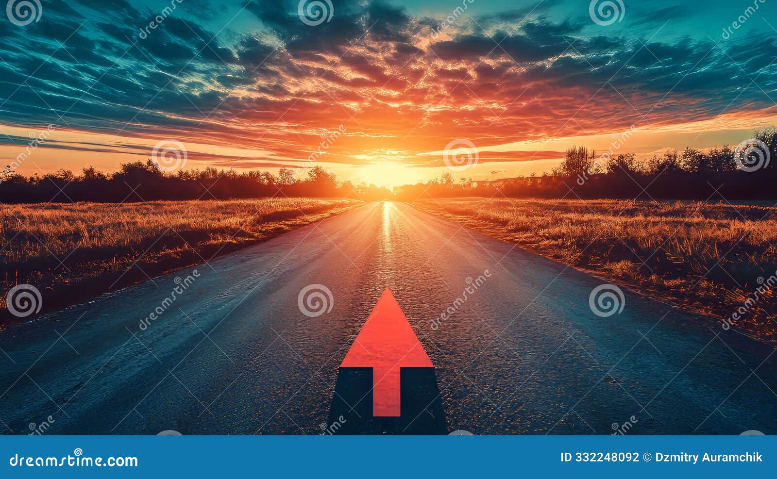 The Image Shows an Asphalt Road with a Direction Arrow, Symbolizing the ...