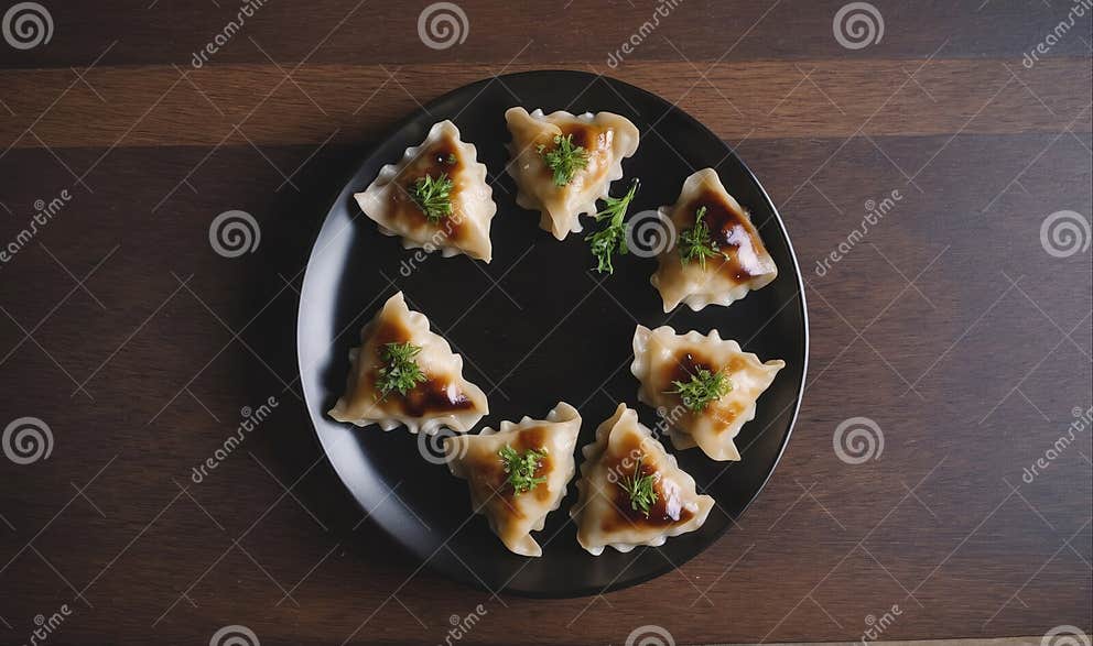 A Plate of Eight Dumplings, Arranged in a Circle, Sits on a Wooden ...