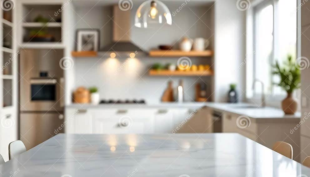 The Image Shows a Blurry Background of a Kitchen with a White Table in ...