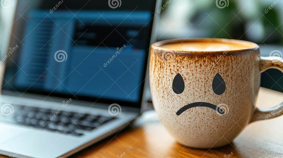 A Coffee Mug with a Sad Face Sits beside a Laptop, Hinting at a Tough ...