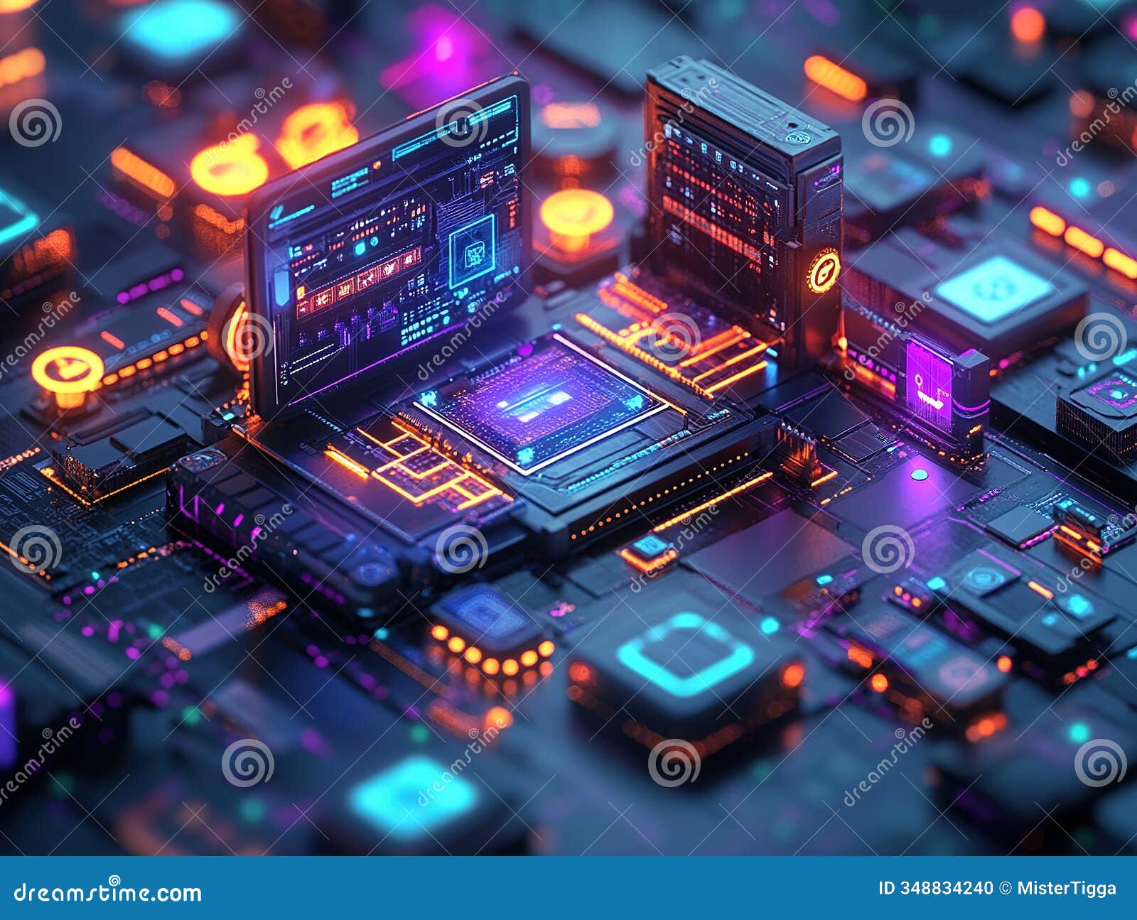 Image Shows a Colorful Motherboard with Processors, Memory Chips ...