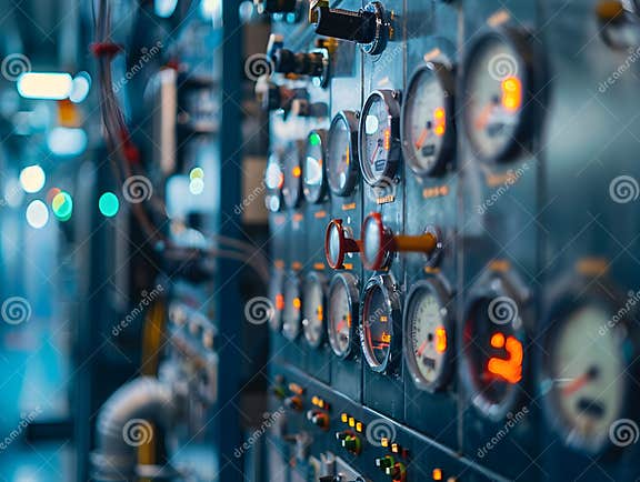 Intricate Control Panel for Critical Energy Facility Displaying a Sophisticated Array of Dials ...
