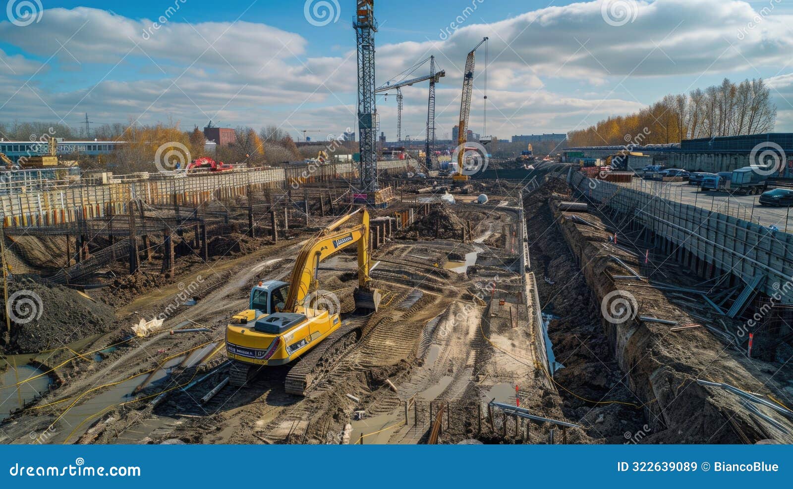 The Image Shows a Construction Site with an Excavator Digging a Trench ...