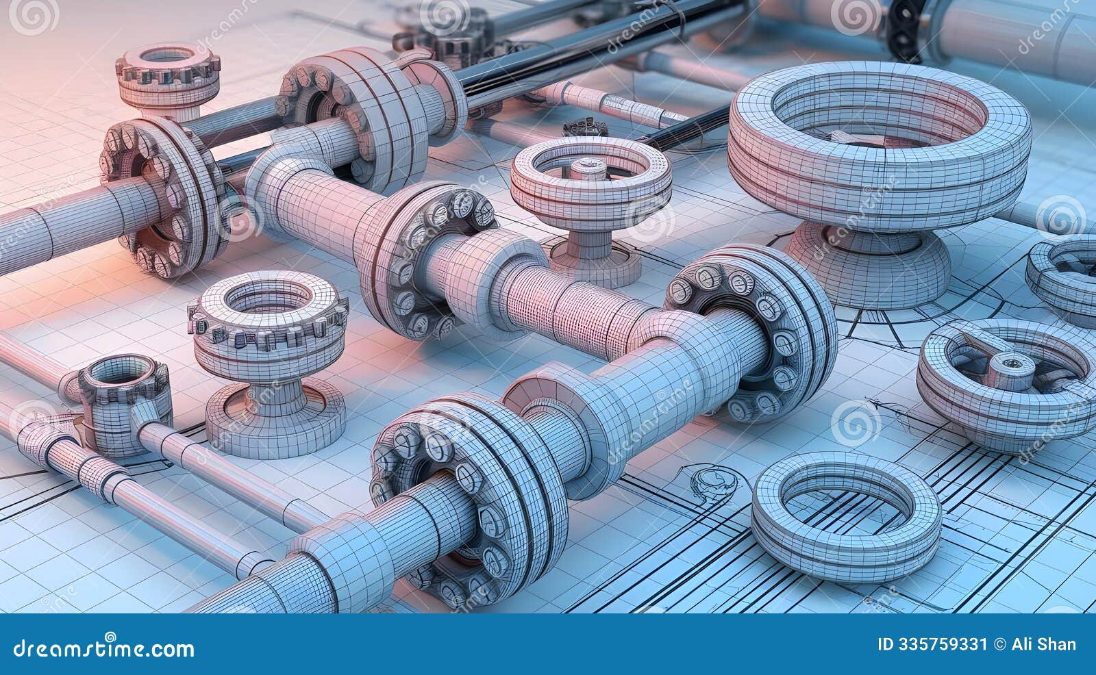 Industrial Pipeline Components D Wireframe Model on Blueprint Stock ...