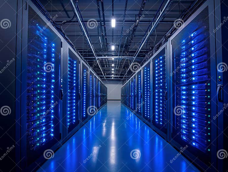 Image Shows a Data Center Interior Filled with Active Servers Indicated ...