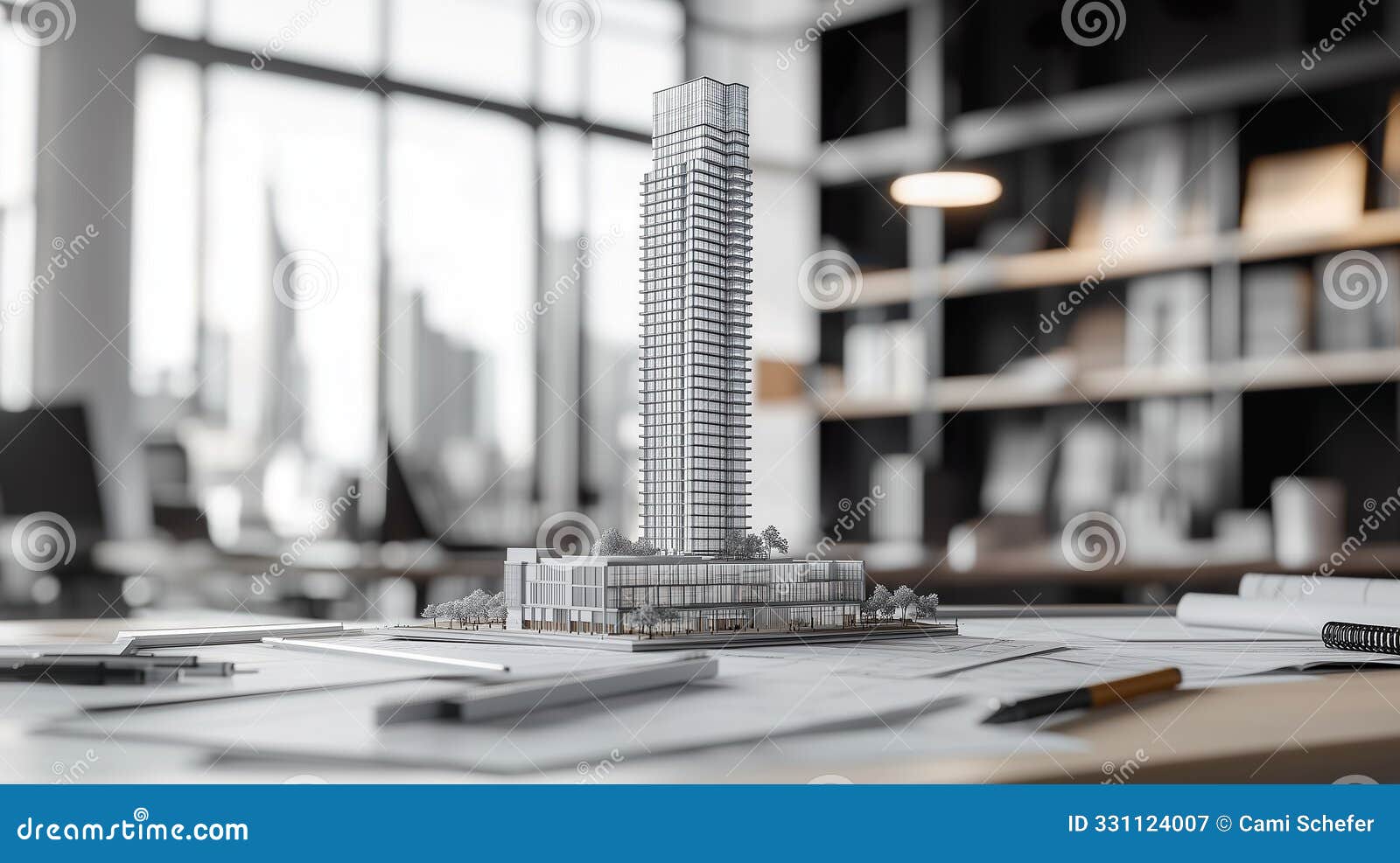 Skyscraper Model on Architectural Blueprints in Office Stock Image ...