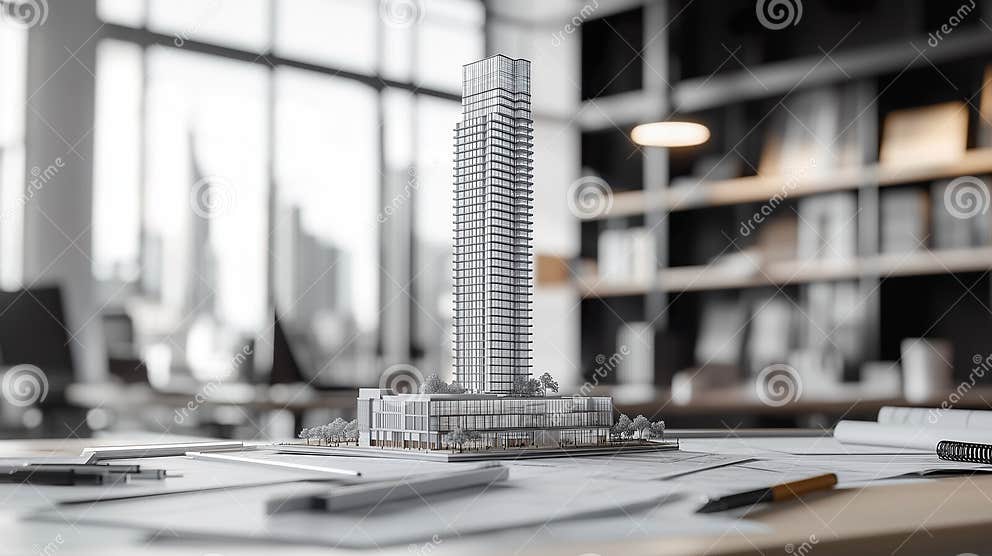 Skyscraper Model on Architectural Blueprints in Office Stock Image ...