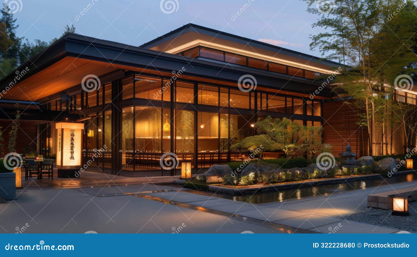 Modern Restaurant Exterior at Twilight Stock Photo - Image of windows ...