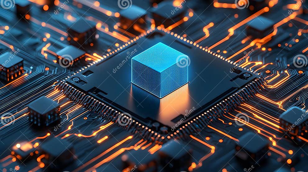 The Image Shows a Glowing Blue Cube-shaped Processor at the Center of a ...