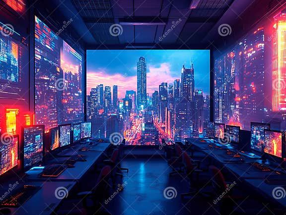 Image Shows a High-tech Room with Multiple Desks, Computer Monitors ...