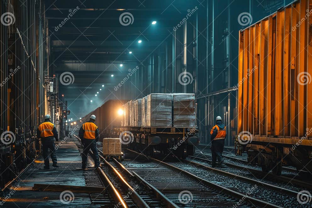 Workers in an Industrial Setting Move Goods. the Scene Captures the ...