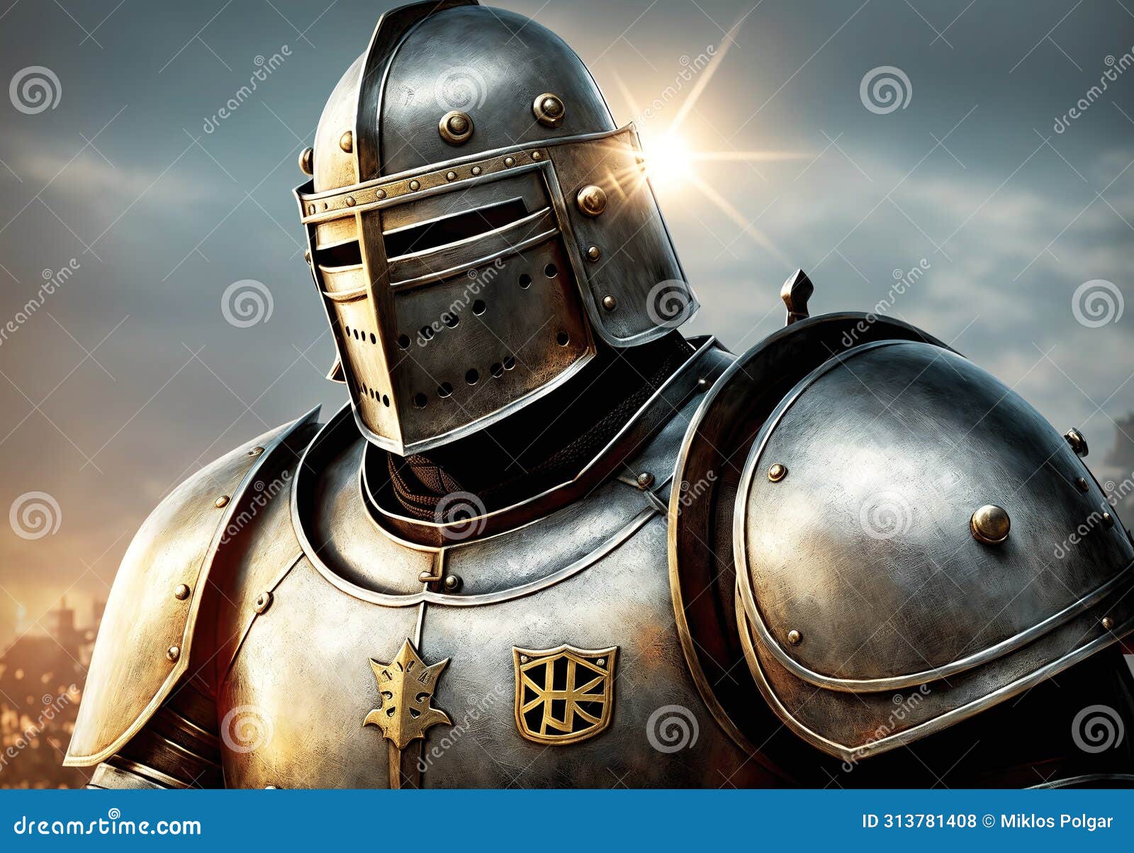 A Knight in Armor Standing in Front of a Sunset. Stock Photo - Image of ...