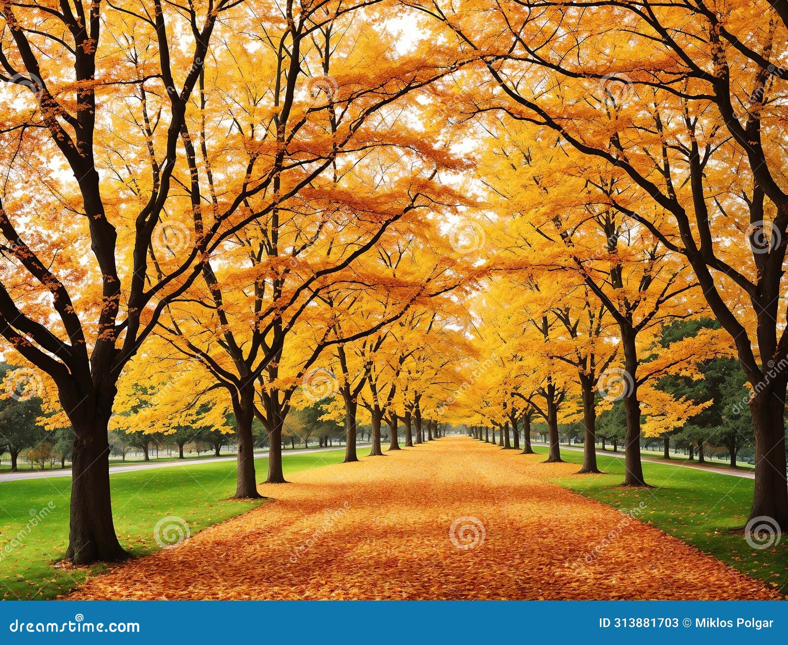 A Lane Lined with Trees on Either Side, with the Leaves Turning Yellow ...