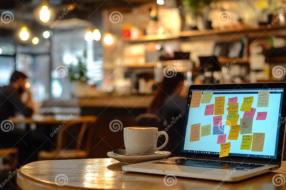 A Cozy Workspace in a Cafe. a Laptop Displays Colorful Sticky Notes ...