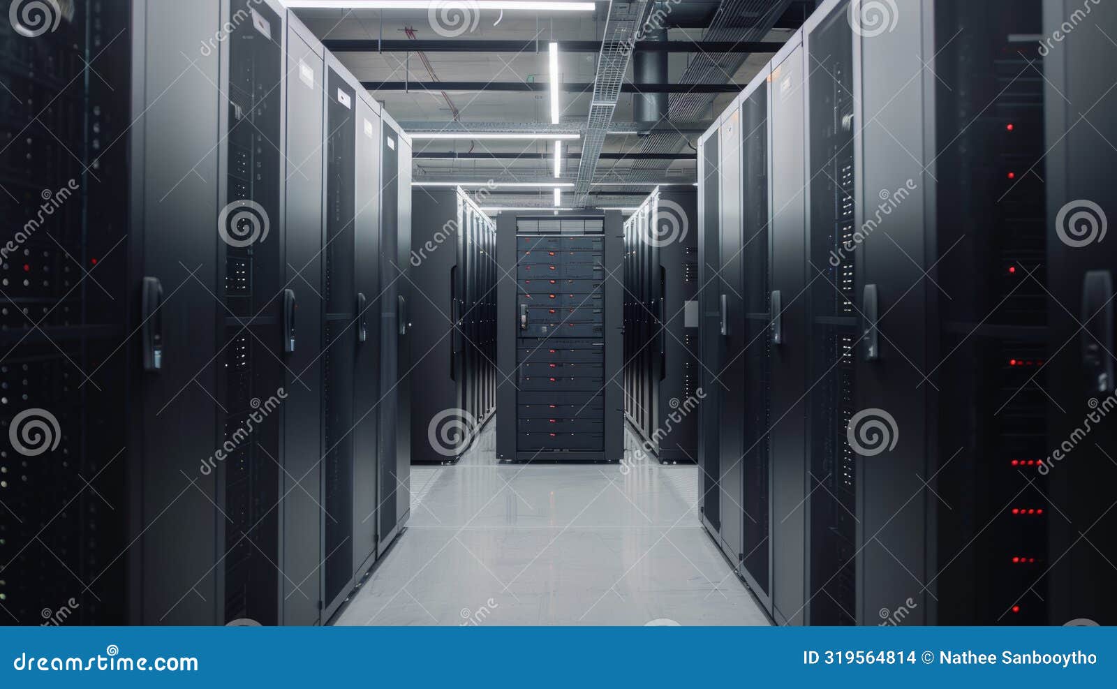 The Image Shows a Large, Dark Room Filled with Rows of Metal Server ...