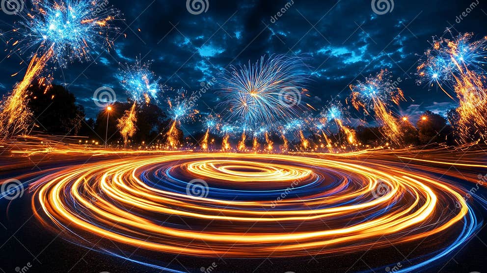 Fireworks Light Trails Over City Skyline Stock Illustration ...