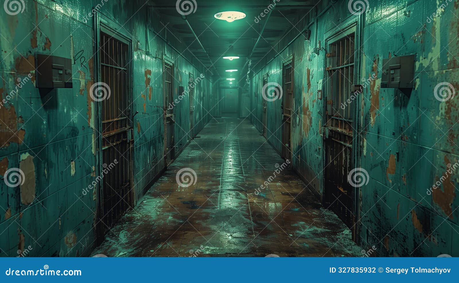 A Dark and Empty Prison Corridor with Barred Doors and Peeling Paint ...