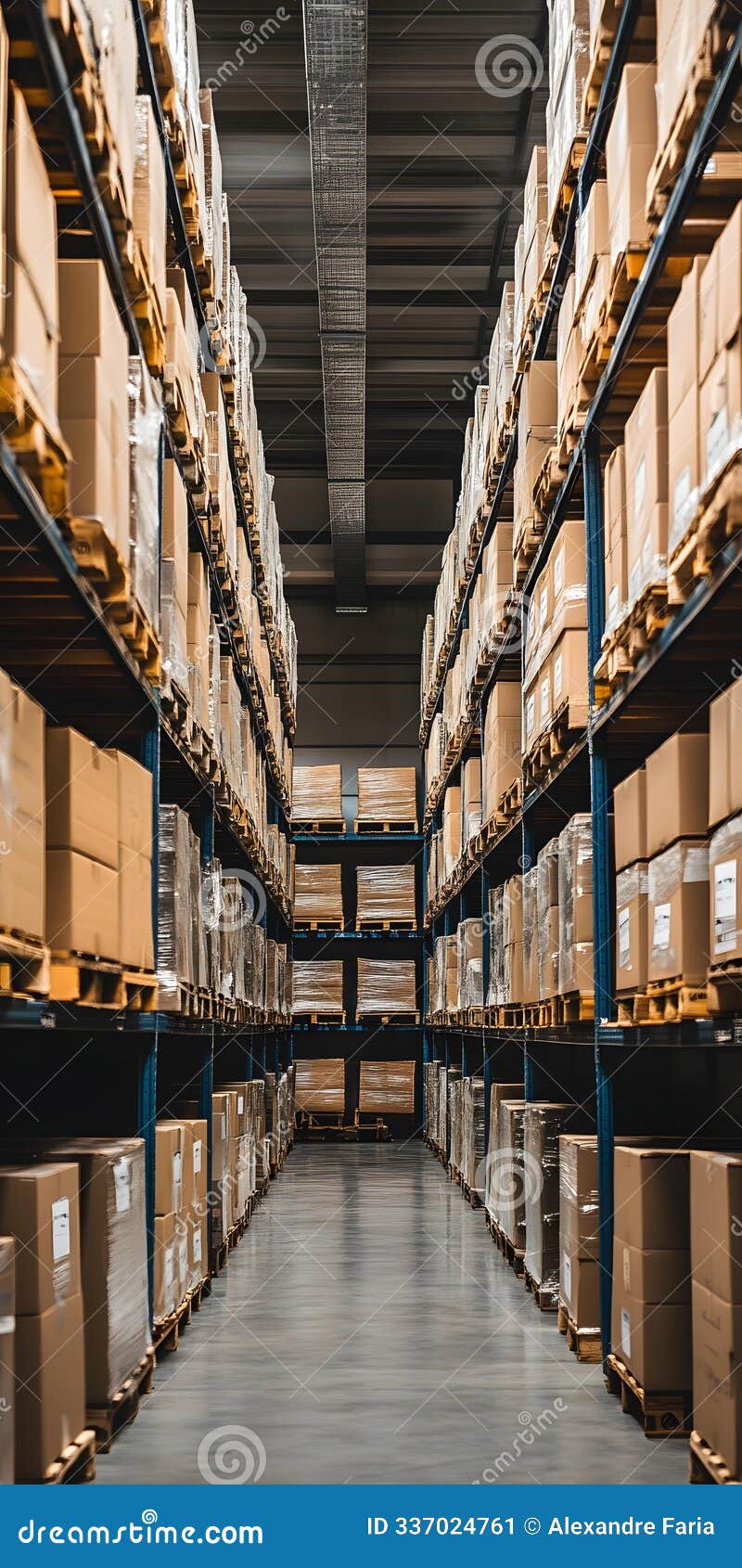 Narrow Storage Aisle With Tall Shelves On Both Sides, Filled With ...