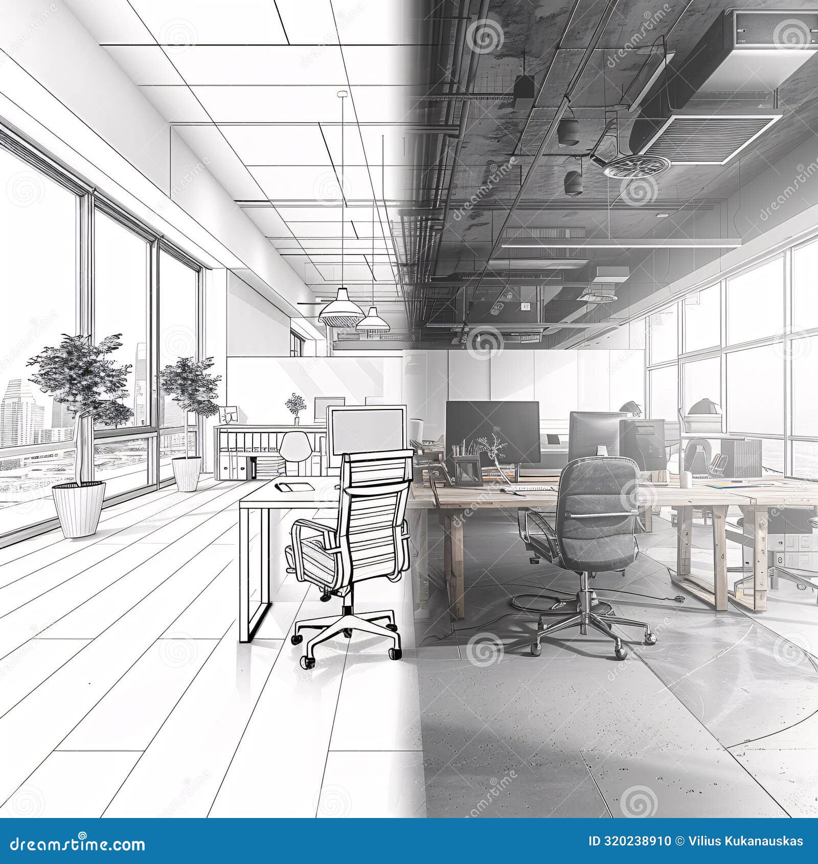 Modern Office Transition from Technical Drawing, Blueprint To Reality ...