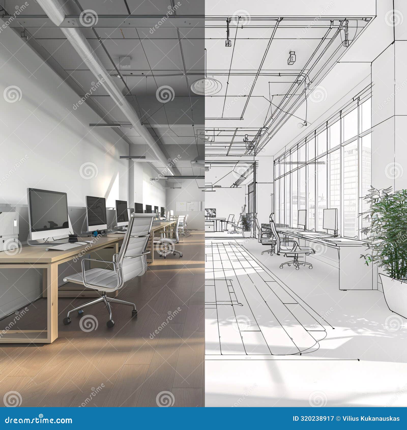 Modern Office Transition from Technical Drawing, Blueprint To Reality ...