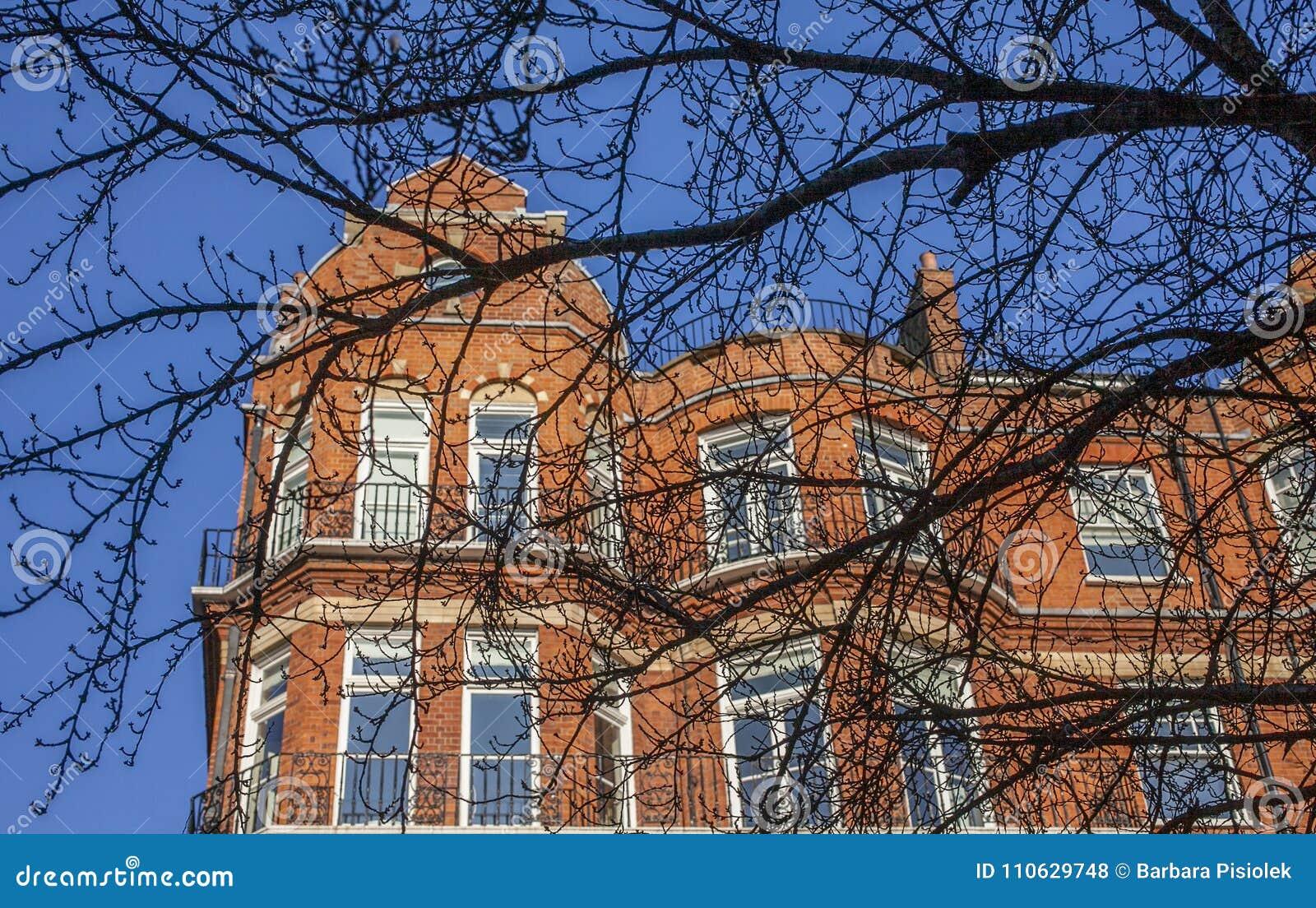 A Blue Sky, Orange Building through Some Branches. Stock Photo - Image ...