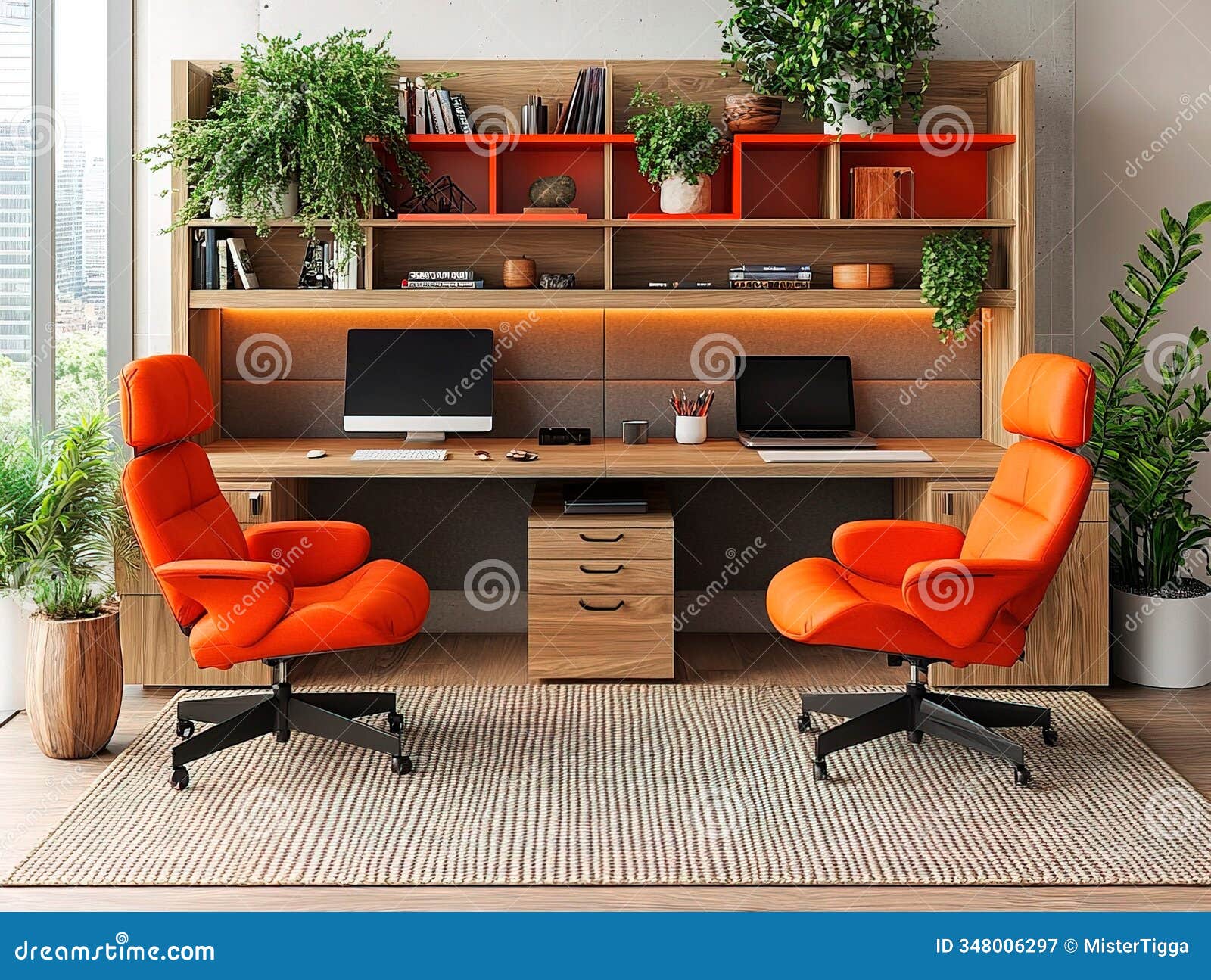 The Image Shows an Organized Office Space with Two Ergonomic Orange ...