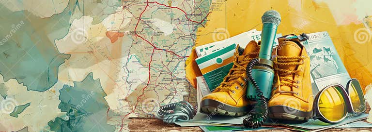 The Image Shows a Pair of Hiking Boots, a Map, and a Compass Stock ...