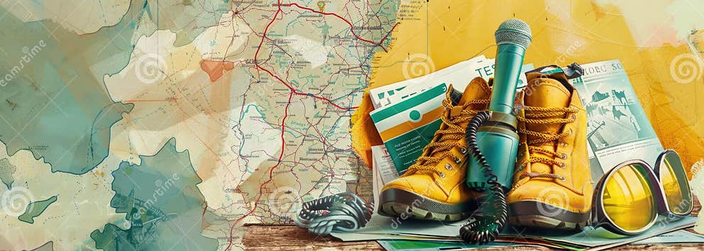 The Image Shows a Pair of Hiking Boots, a Map, and a Compass Stock ...