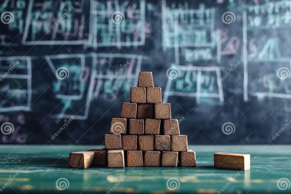 A Pyramid Made of Wooden Blocks Stands on a Table. Behind is a ...