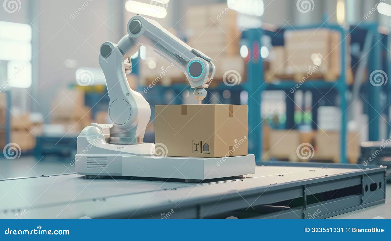 The Image Shows a Robotic Arm Picking Up a Box from a Conveyor Belt ...