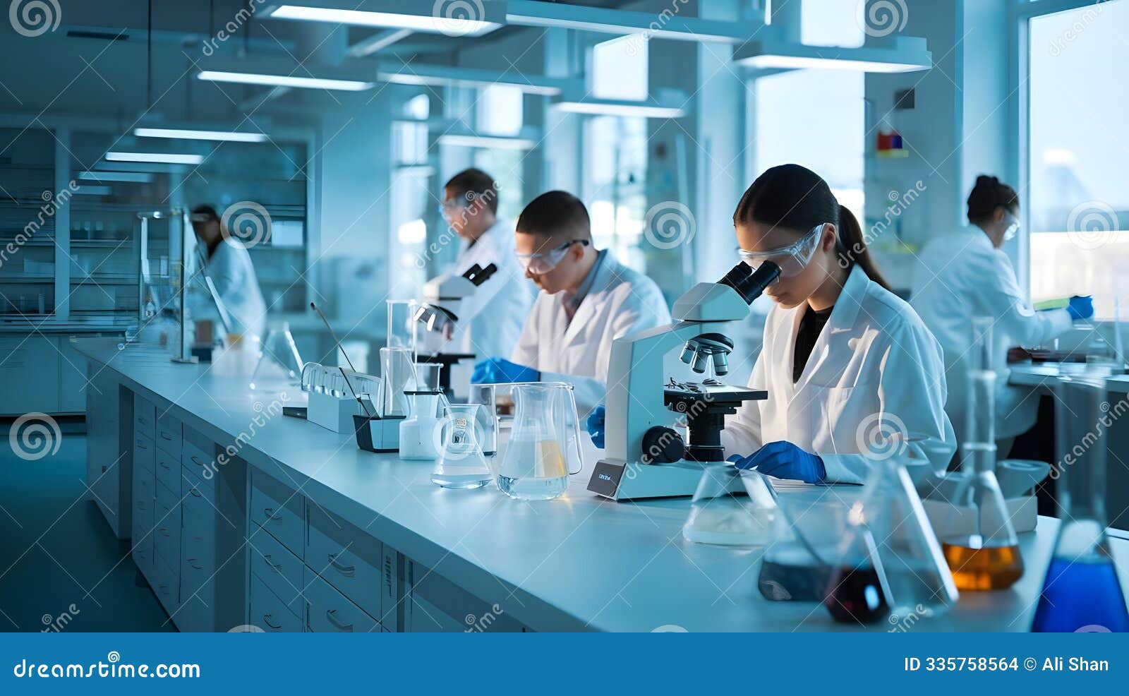 Scientists Working in a Modern Laboratory with Microscopes and Chemical ...