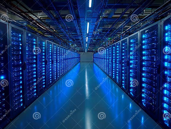 Image Shows a Server Room with Rows of Active High-density Servers ...