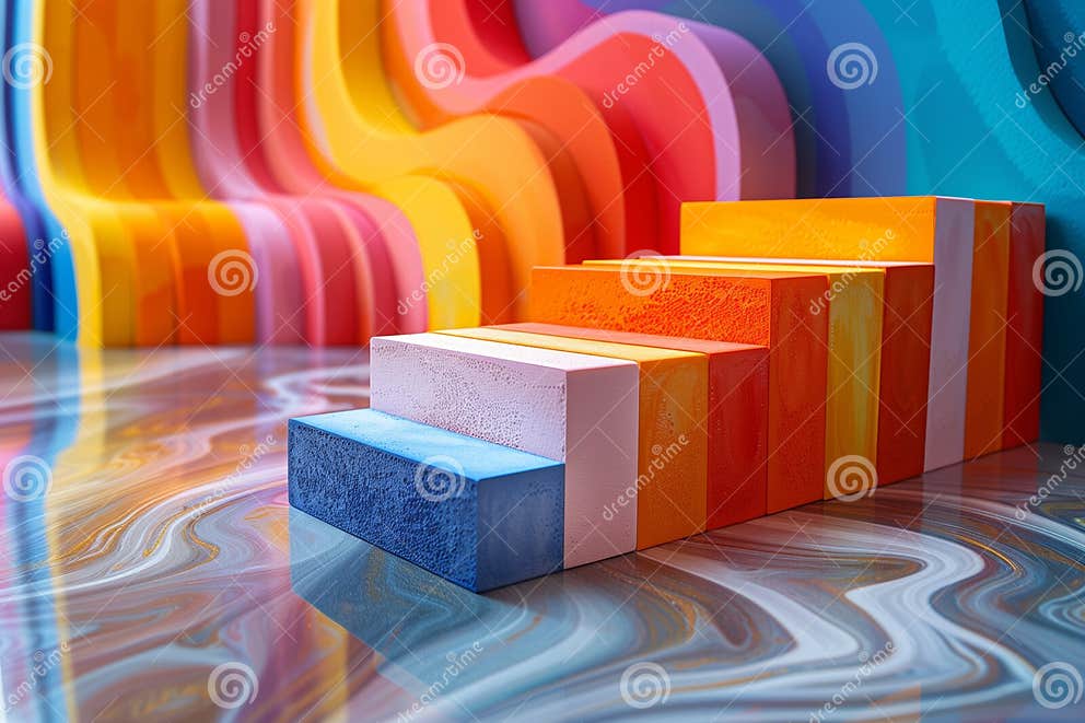 Colorful Steps in a Studio with Rainbow Wall Stock Photo - Image of ...