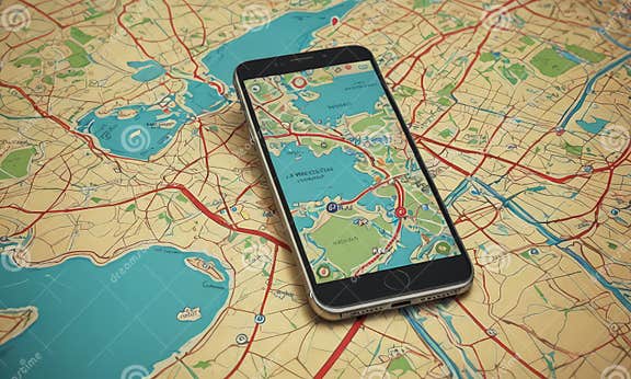Smartphone Displaying Map Rests on Colorful, Detailed Map with Blue and ...