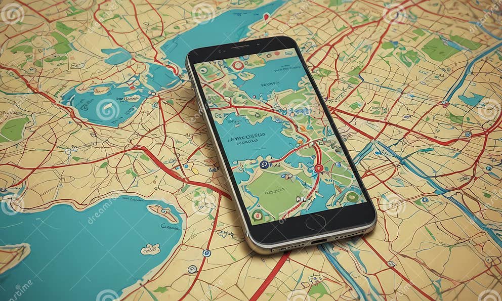 Smartphone Displaying Map Rests on Colorful, Detailed Map with Blue and Green Hues, Featuring ...