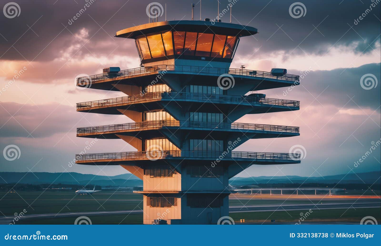 A Tall Control Tower Stands at an Airport As the Sun Sets Behind it ...