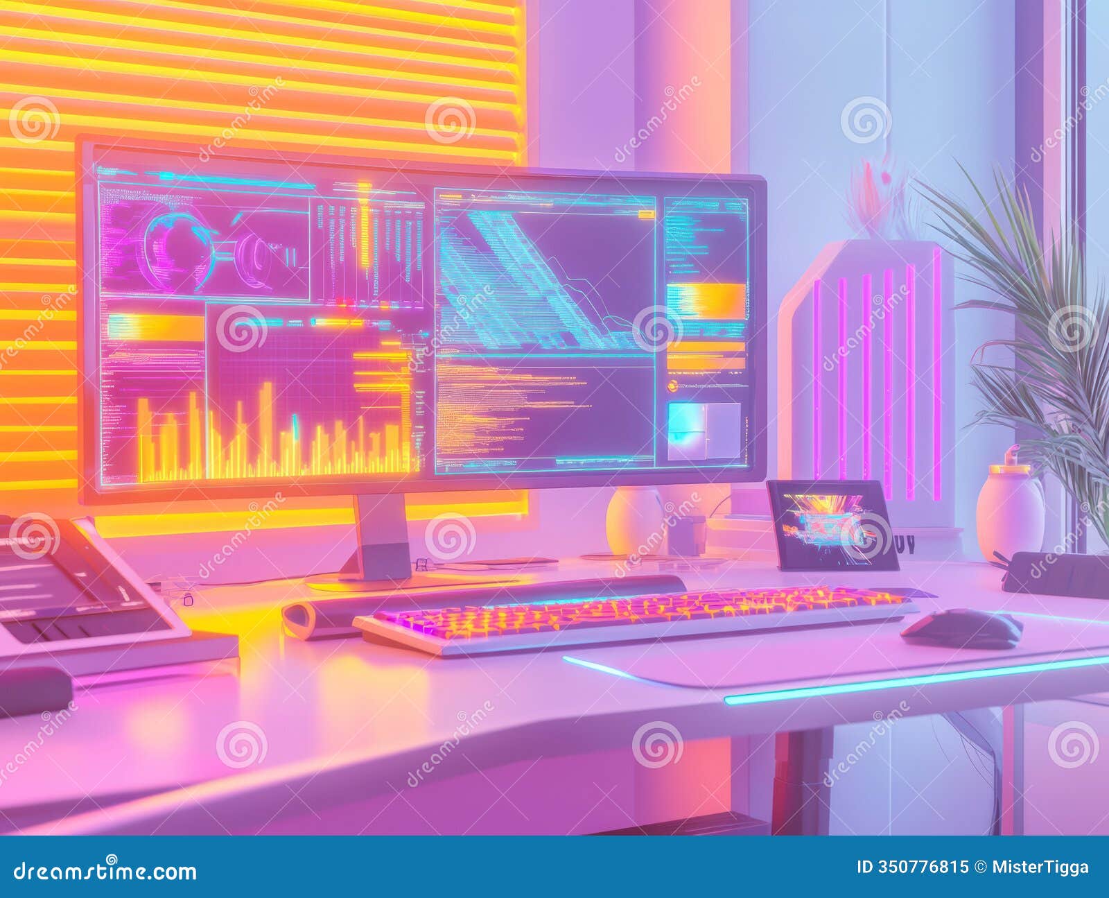 Image Shows a Tech-rich Workspace with Multiple Monitors, Laptop ...