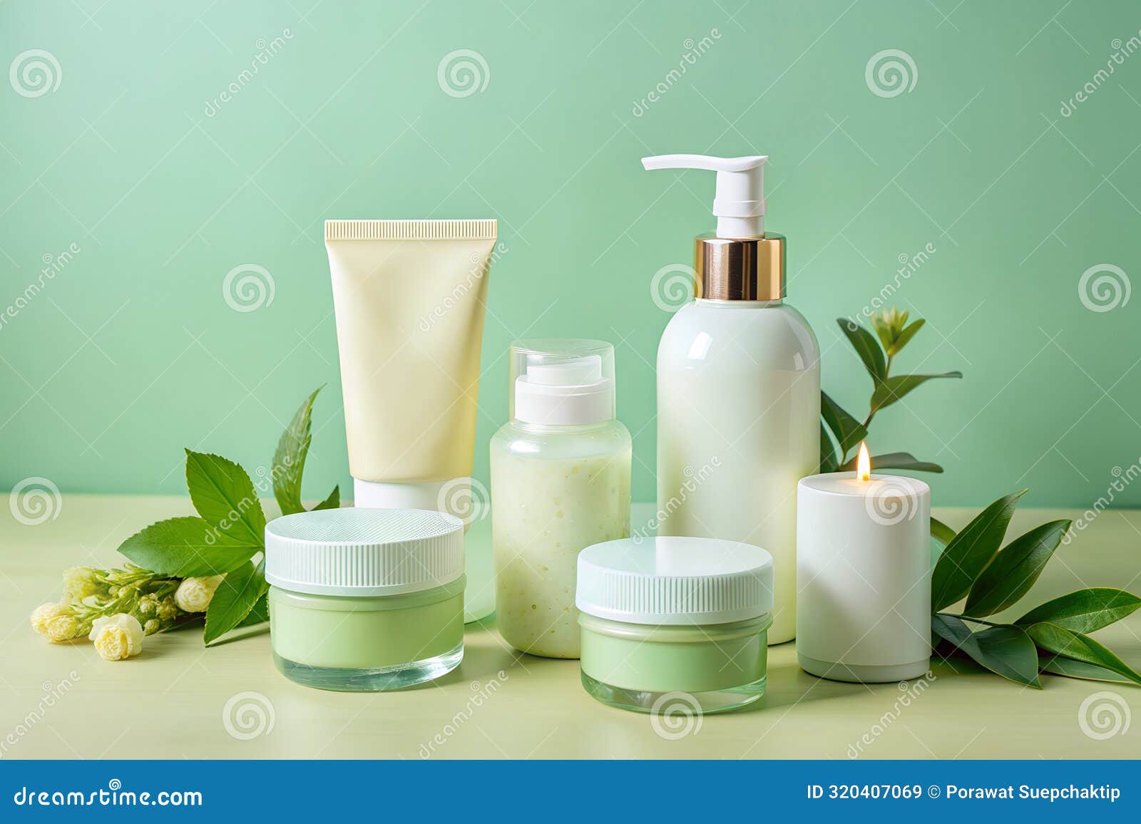 The Image Shows a Vanity Table Topped with Various Cosmetic Products ...