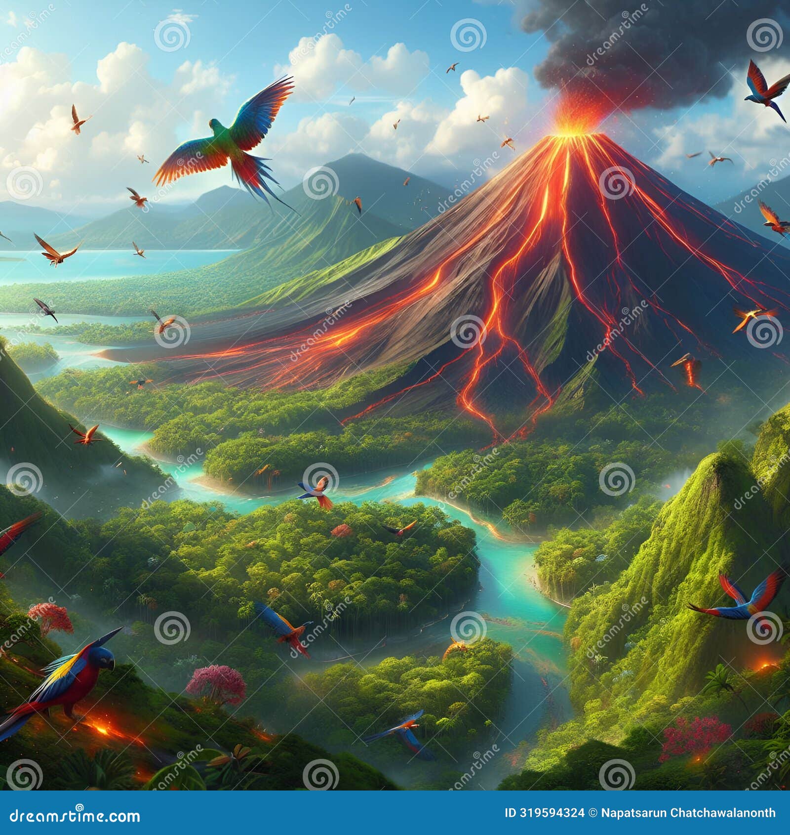 Volcano Spews Lava from Fiery Bulge. Stock Illustration - Illustration ...