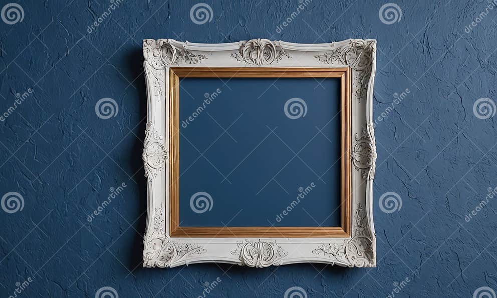 White Ornate Gold Frame with Blank Canvas Sits Against Textured Blue ...