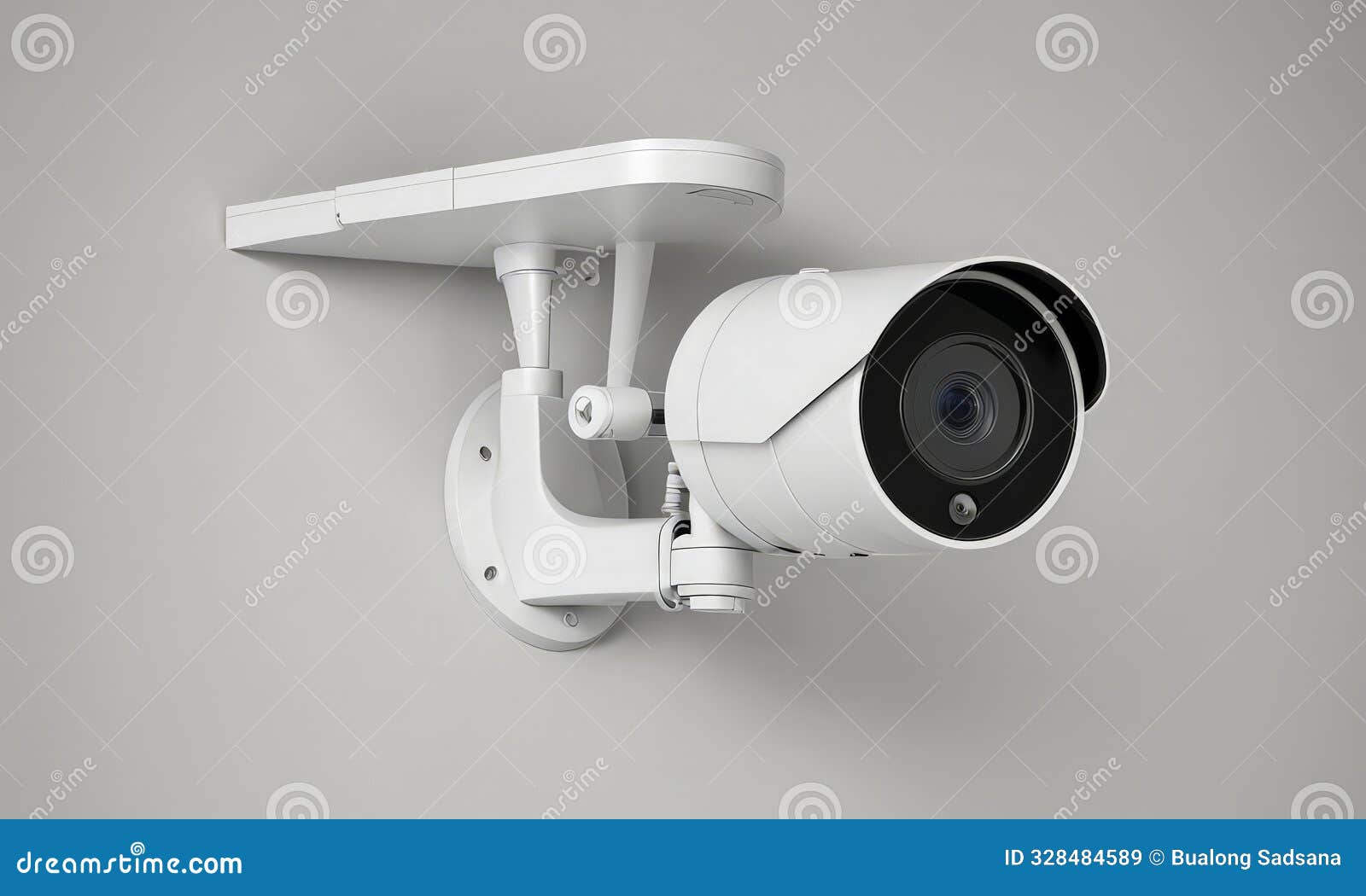 White Surveillance Camera with Black Lens and Flash is Mounted on Gray ...